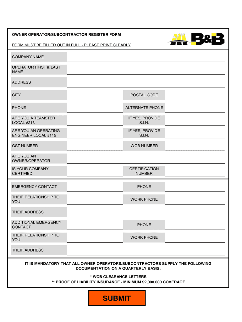 Fillable Online OWNER OPERATORSUBCONTRACTOR REGISTER FORM Fax Email ...