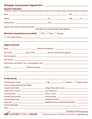 Fillable Online glenviewpl Newspaper Announcement Request Form ...