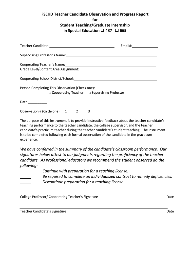 Fillable Online ricreport FSEHD Teacher Candidate Observation and Progress Report for Student ...