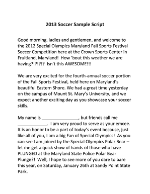 Fillable Online 2013 Soccer Sample Script - Special Olympics Maryland ...