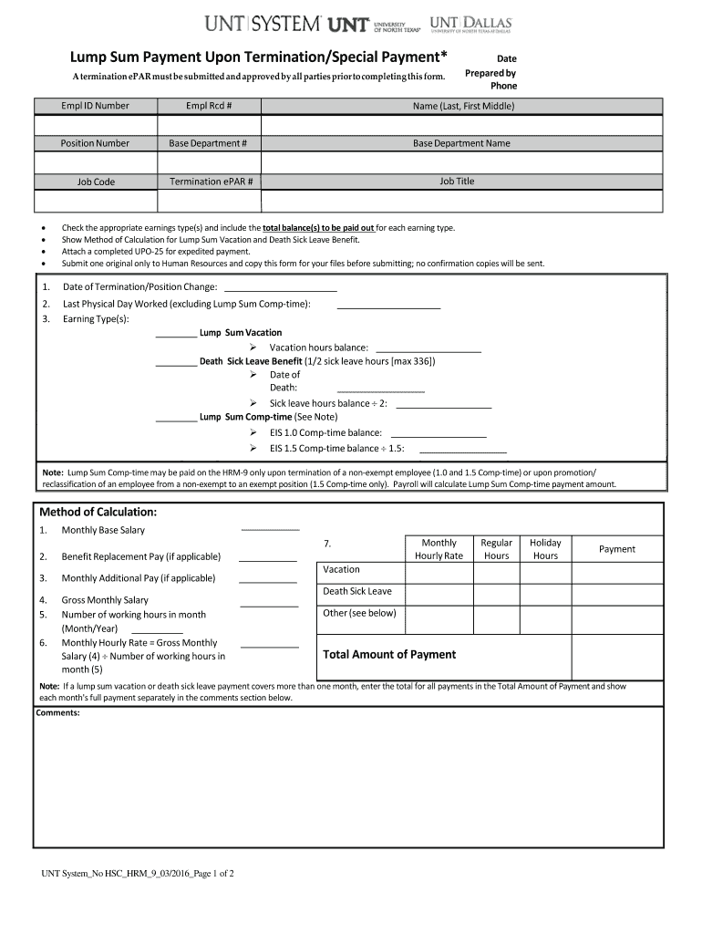 Fillable Online Lump Sum Payment Upon TerminationSpecial Payment Date ...