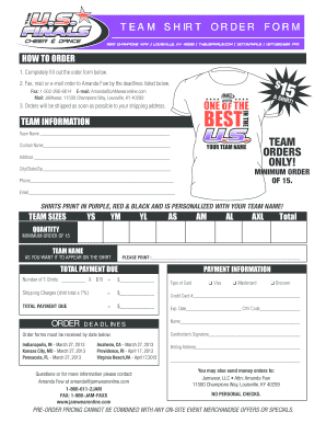 Fillable Online Team shirt order form - theusfinalscom Fax Email Print ...