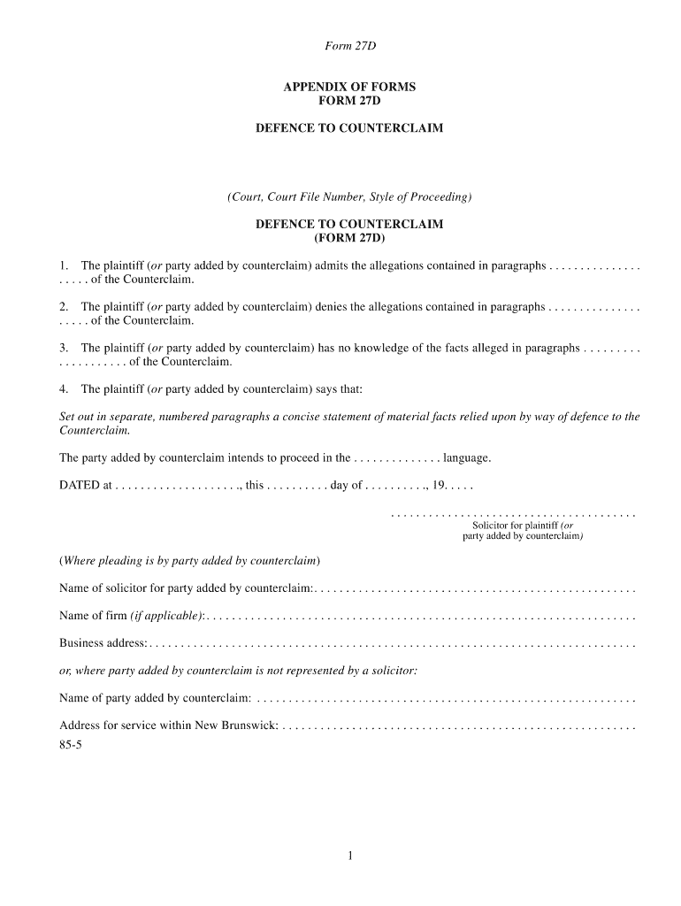 Fillable Online gnb APPENDIX OF FORMS FORM 27D DEFENCE TO COUNTERCLAIM ...