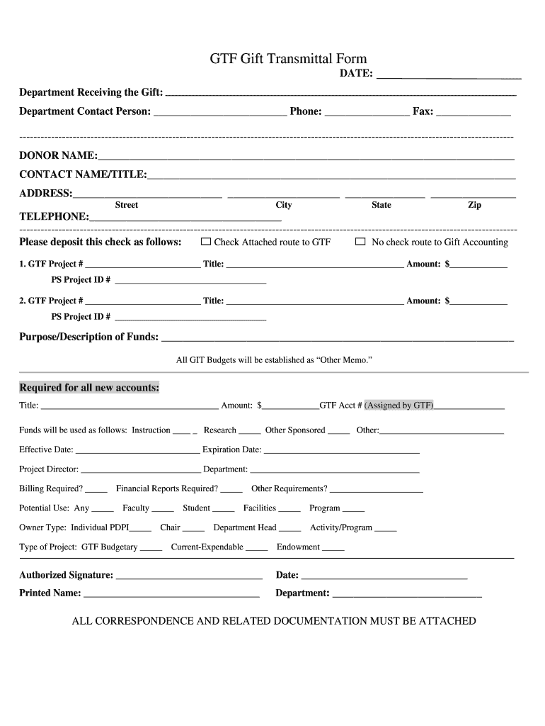 Fillable Online policies gatech Gift Transmittal Form 9-13 Fax Email Print - pdfFiller