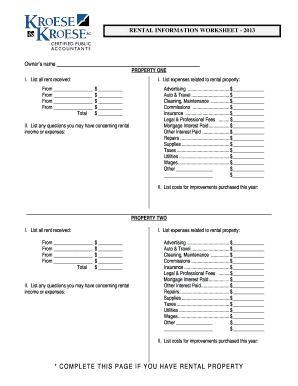 Fillable Online RENTAL INFORMATION WORKSHEET 2013 Owners name PROPERTY ...