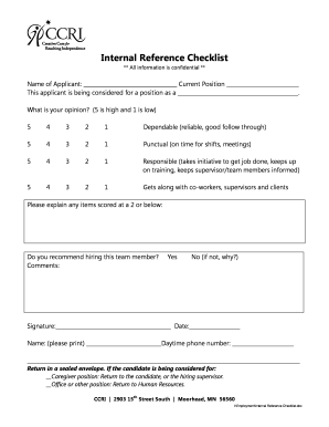 Fillable Online creativecare Internal Reference Checklist - Creative ...