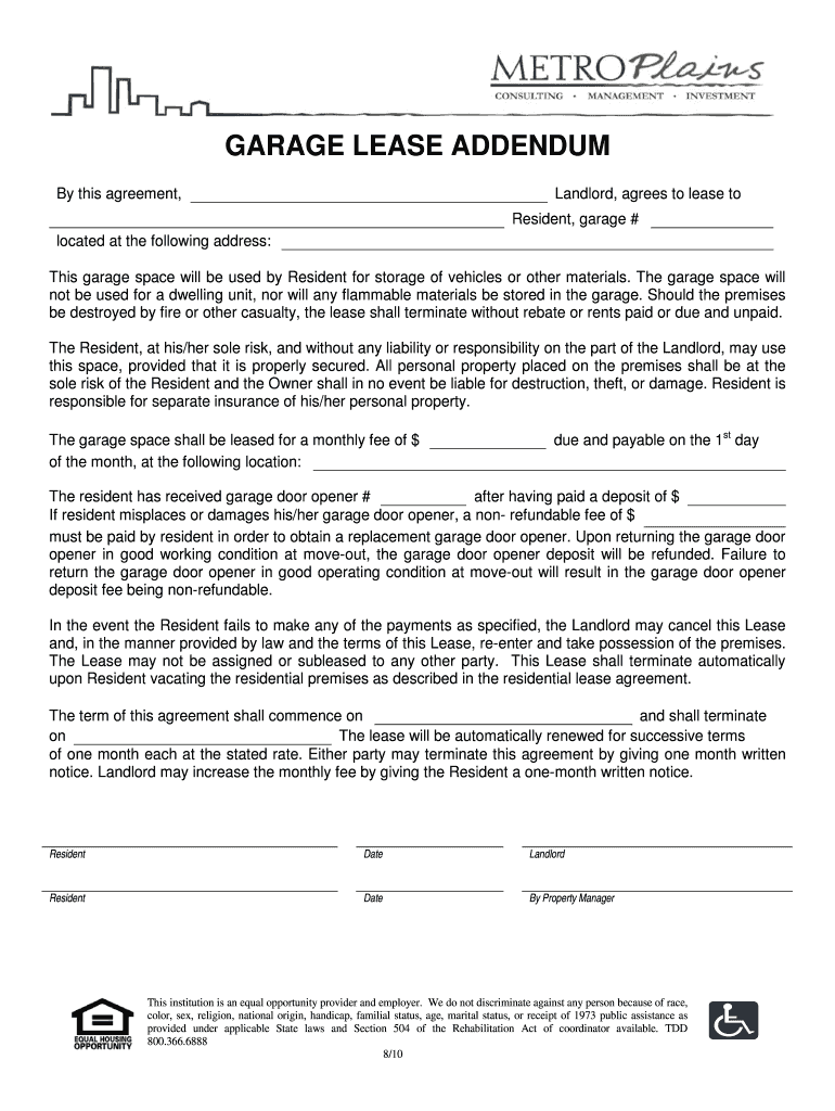 Fillable Online GARAGE LEASE ADDENDUM - MetroPlains Management Fax ...