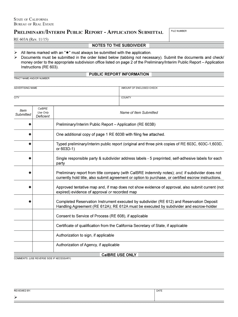 Fillable Online Re 603a - Preliminary Public Report - Application ...