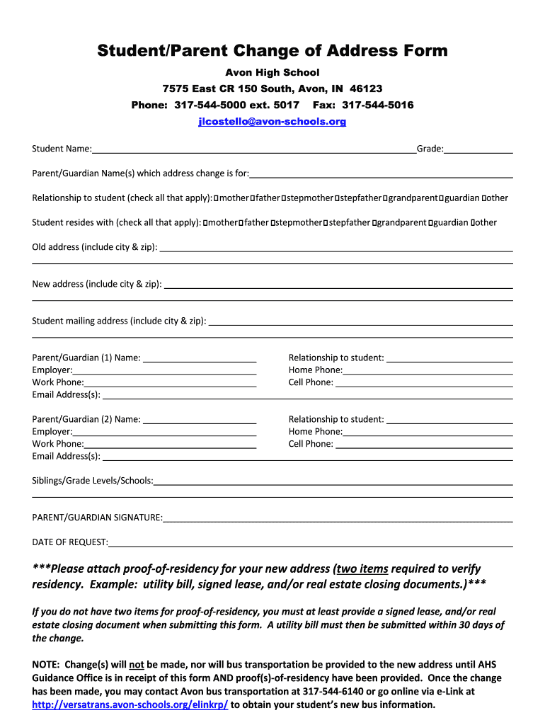Fillable Online StudentParent Change of Address Form Fax Email Print ...