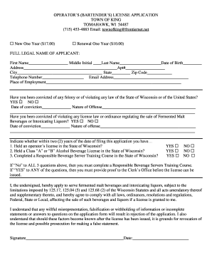 Fillable Online townofking OPERATOR S (BARTENDER S) LICENSE APPLICATION ...
