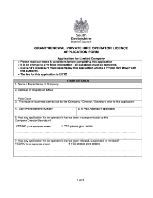 Fillable Online GRANTRENEWAL PRIVATE HIRE OPERATOR LICENCE APPLICATION ...