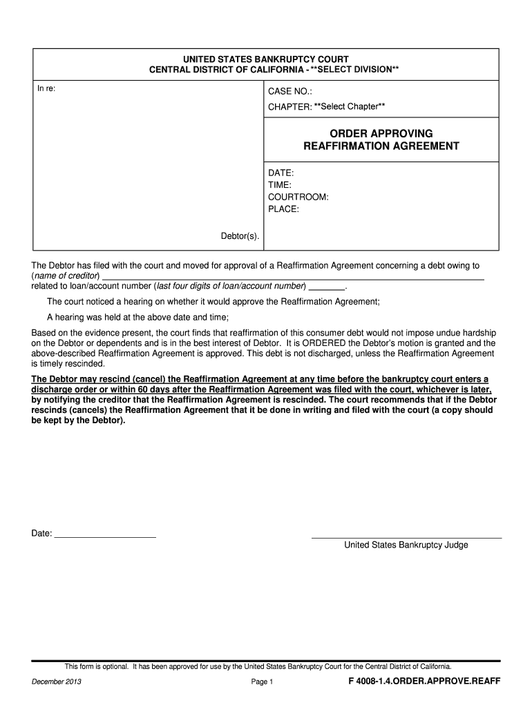 Fillable Online cacb uscourts ORDER APPROVING REAFFIRMATION AGREEMENT ...