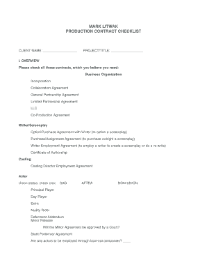 Fillable Online Production Contract Checklist - Mark Litwak Fax Email ...