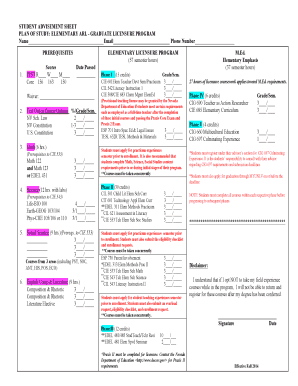 Fillable Online tl unlv PLAN OF STUDY ELEMENTARY ARL GRADUATE LICENSURE ...