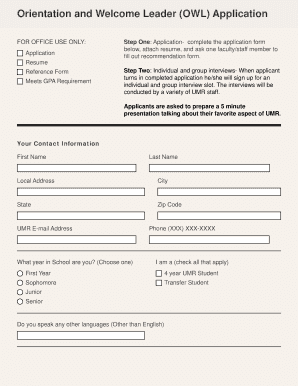 Fillable Online r umn Orientation and Welcome Leader OWL Application ...