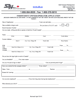 Fillable Online slh SLH Owner Operator Application SLH Owner Operator Application Fax Email ...