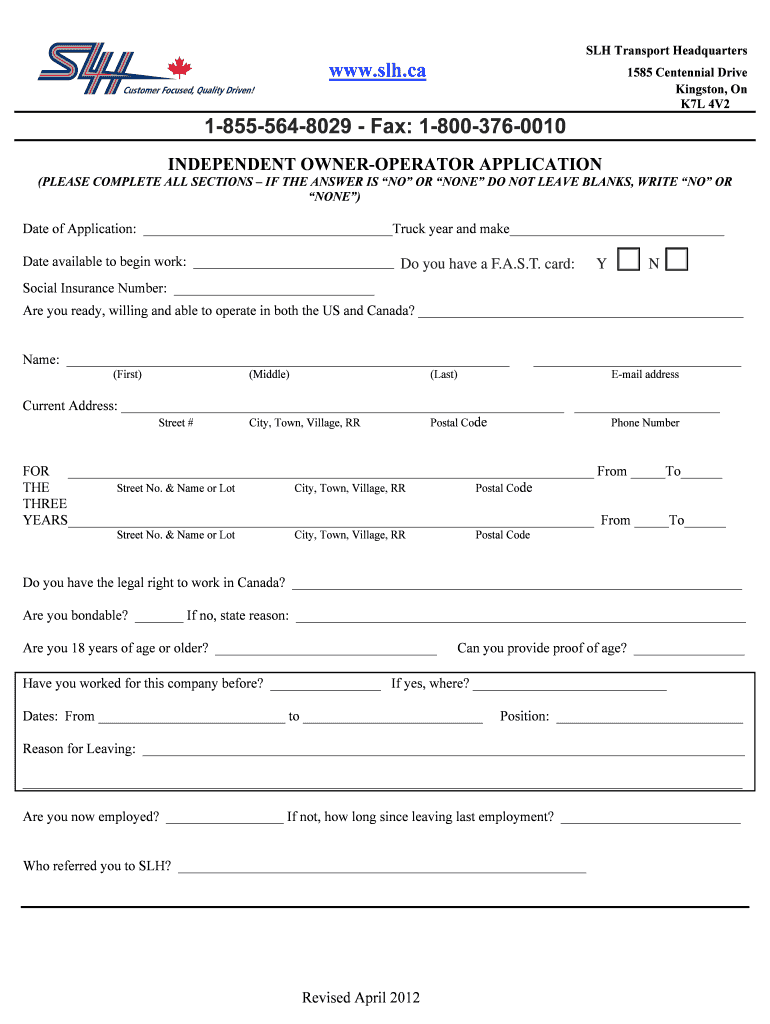 Fillable Online slh SLH Owner Operator Application SLH Owner Operator ...