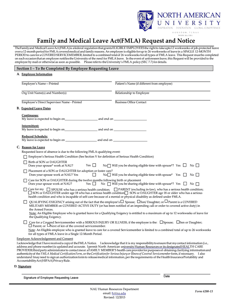 Fillable Online na Family and Medical Leave ActFMLA Request and Notice ...