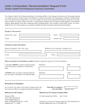 Fillable Online tarleton Letter of Evaluation Recommendation Request ...