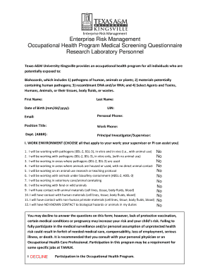 Fillable Online tamuk Occupational Health Program Medical Screening ...