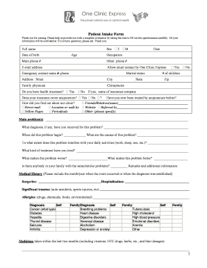 Fillable Online Patient Intake Form - One Clinic Express Fax Email ...