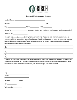 Fillable Online Resident Maintenance Request - Birch Management Fax ...