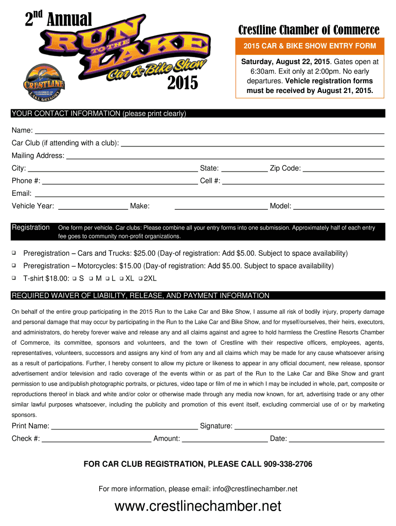 Fillable Online crestlinechamber 2015 Car Show Participant ...
