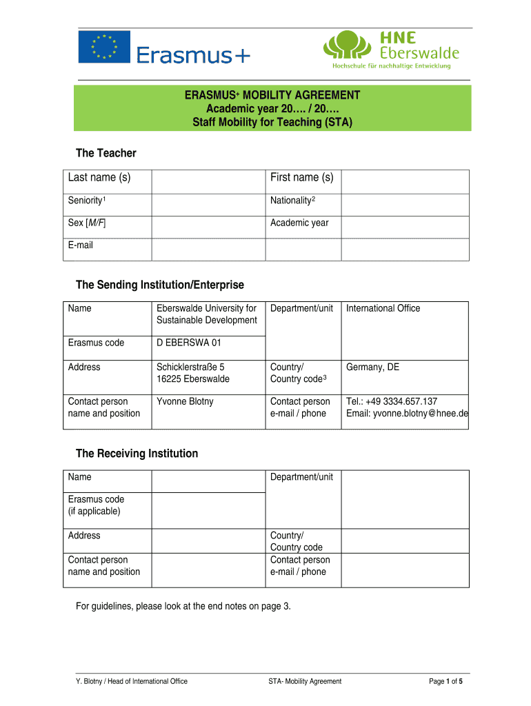Fillable Online hnee ERASMUS MOBILITY AGREEMENT STAFF MOBILITY FOR ...