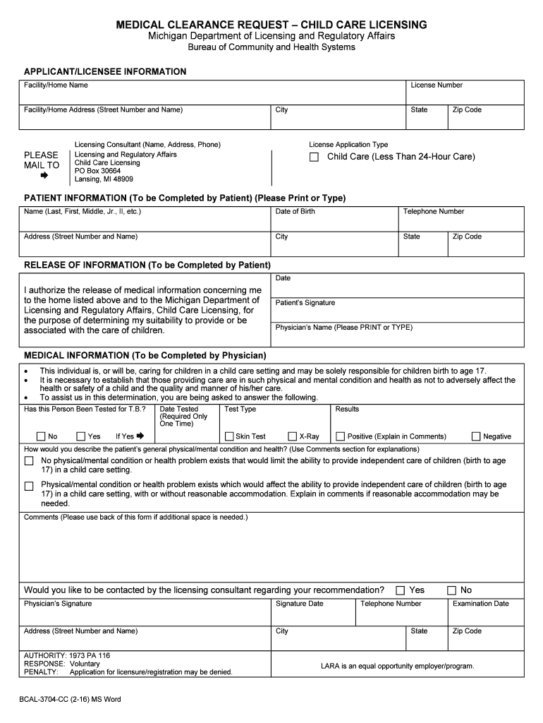 MEDICAL CLEARANCE REQUEST CHILD CARE LICENSING: Fill out & sign online ...