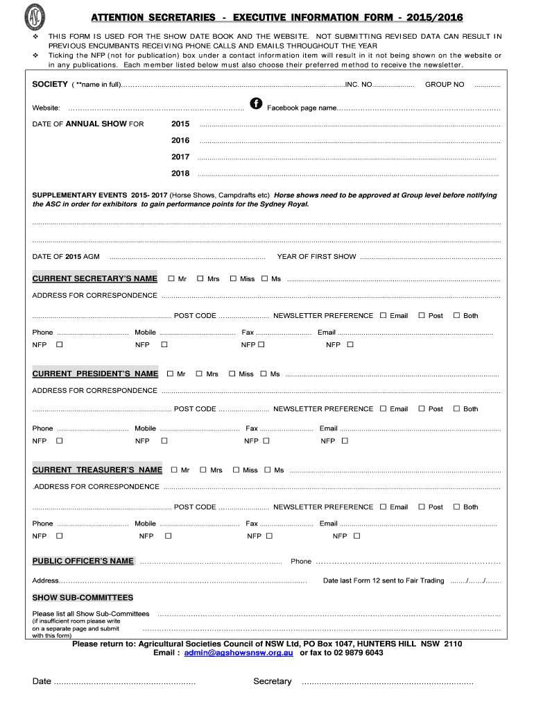 Fillable Online agshowsnsw org ATTENTION SECRETARIES EXECUTIVE ...