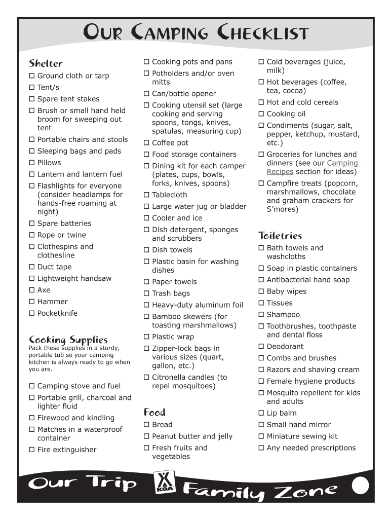 Fillable Online OUR CAMPING CHECKLIST Fax Email Print - pdfFiller