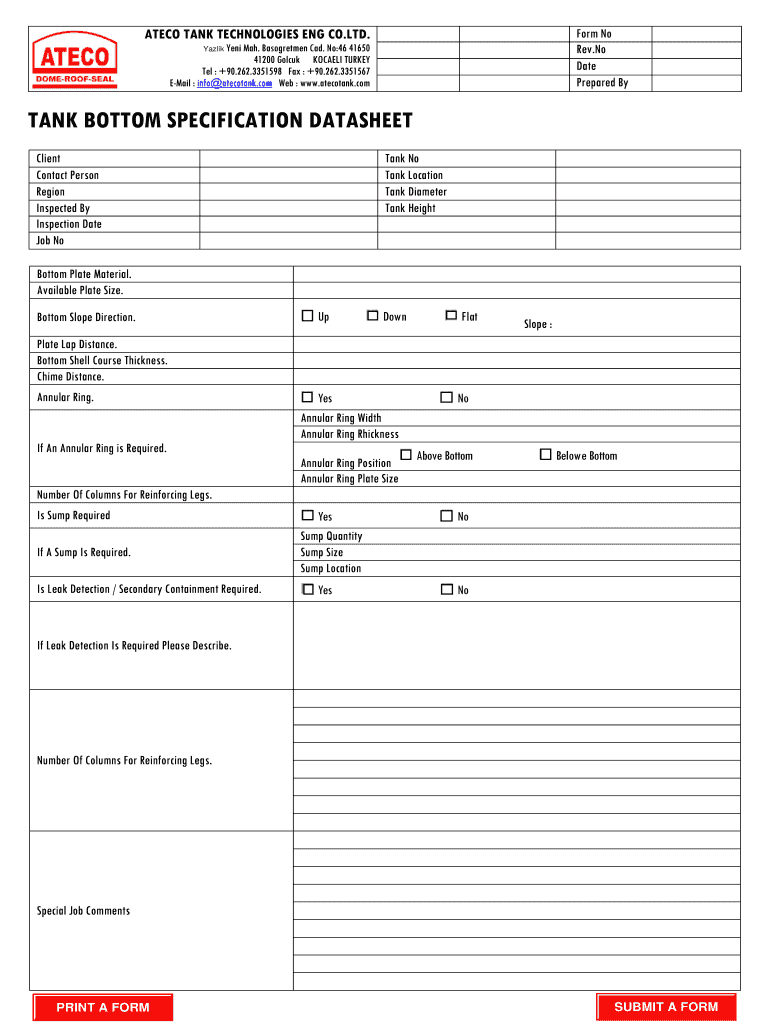 Fillable Online E-Mail TANK BOTTOM SPECIFICATION DATASHEET Fax Email Print - pdfFiller