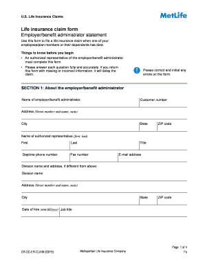 Fillable Online MetLife Group Life Claim Form - massagentcom Fax Email ...
