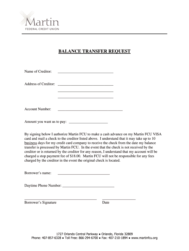 Fillable Online martinfcu BALANCE TRANSFER REQUEST FORM - martinfcuorg ...