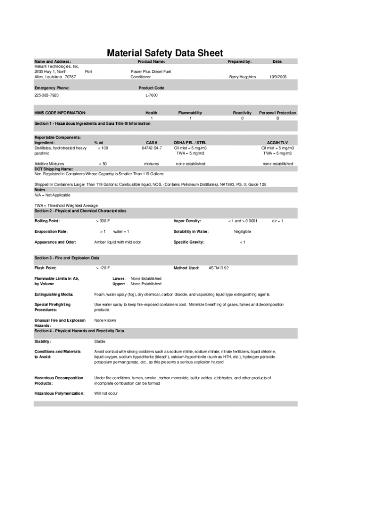 Fillable Online Power Plus Diesel Fuel Conditioner MSDS form.xls Fax Email Print - pdfFiller