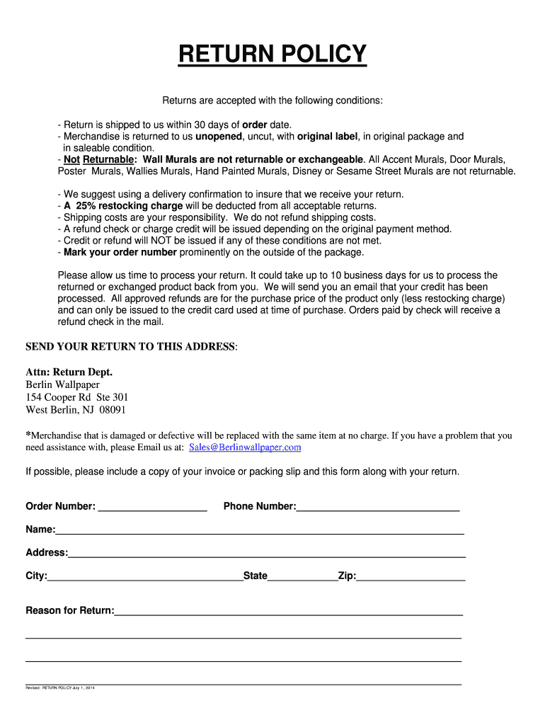 Fillable Online Returns are accepted with the following conditions Fax Email Print - pdfFiller