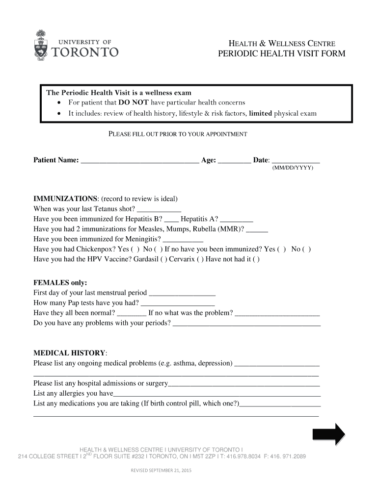 Fillable Online studentlife utoronto The Periodic Health Visit is a ...