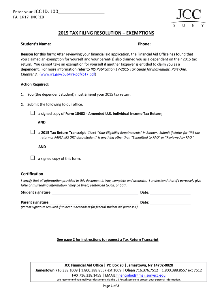 Fillable Online sunyjcc INCREX Tax Filing Resolution-Exemptions bformb Fax Email Print - pdfFiller