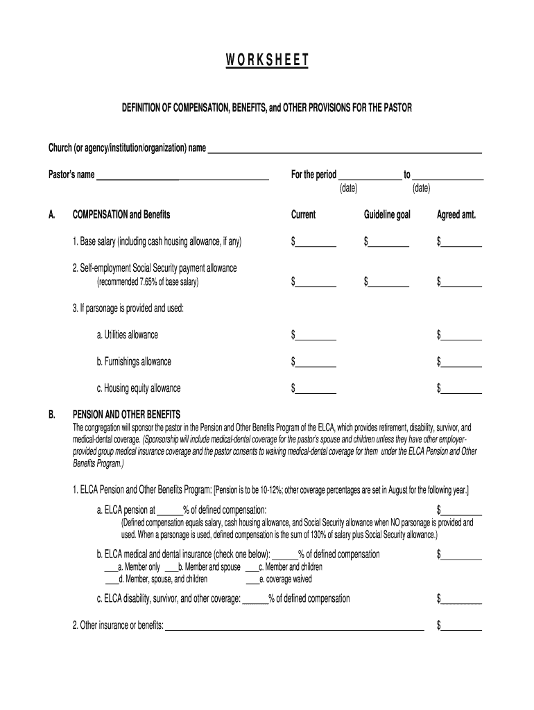 Fillable Online DEFINITION OF COMPENSATION AND BENEFITS FOR THE PASTOR ...