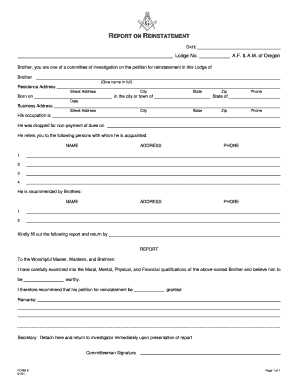 Fillable Online REPORT ON REINSTATEMENT - Masonic Grand Lodge of Oregon ...