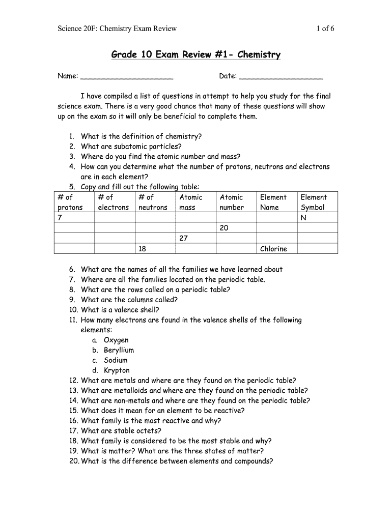 Chemistry Exam Grade 10 Fill Online Printable Fillable Blank