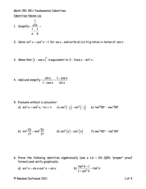 Fillable Online Math 150 51 Fundamental Identities Identities Warm-Up ...