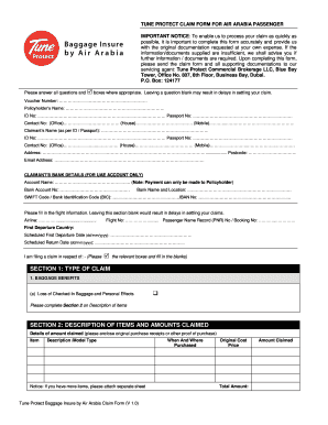 Fillable Online TUNE PROTECT CLAIM FORM FOR AIR ARABIA PASSENGER Fax ...