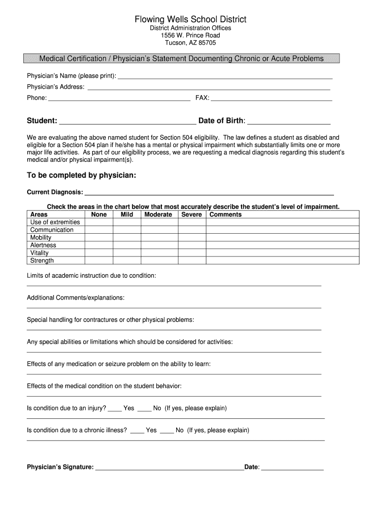 Fillable Online flowingwellsschools 504 Medical Certificationdoc Fax ...