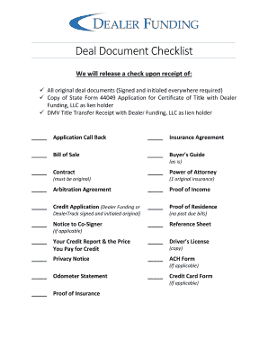 Fillable Online Deal Document Checklist - Dealer Funding Fax Email ...