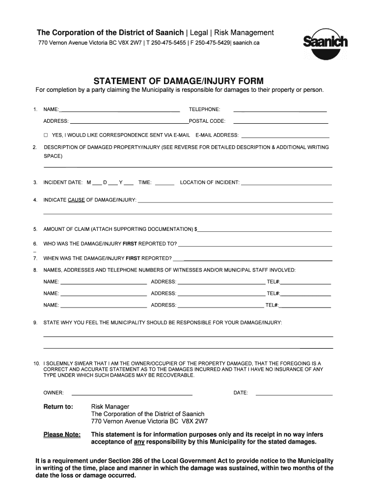 Fillable Online STATEMENT OF DAMAGEINJURY FORM - saanichca Fax Email ...
