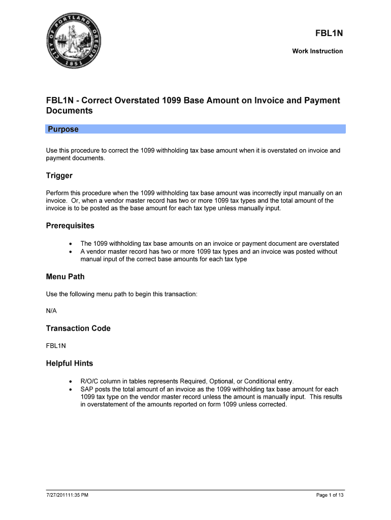 Fillable Online FBL1N - Correct Overstated 1099 Base Amount on Invoice ...