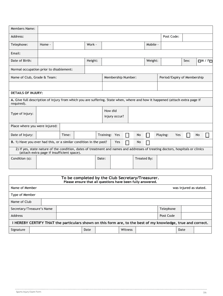 Fillable Online SUA Sports Injury Claim Form 2 - LICENSED CLUBS Fax ...