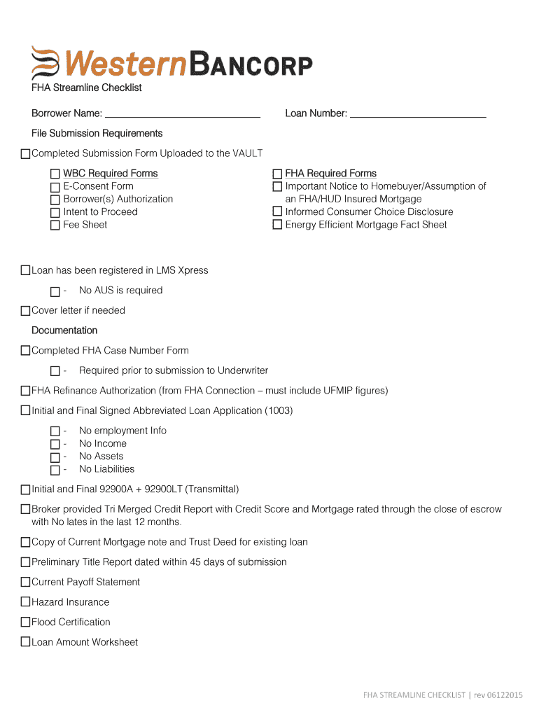 Fillable Online FHA Streamline checklist - Westernbancorpcom Fax Email ...
