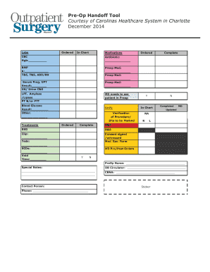 Fillable Online Pre-Op Handoff Tool Courtesy of Carolinas Healthcare ...